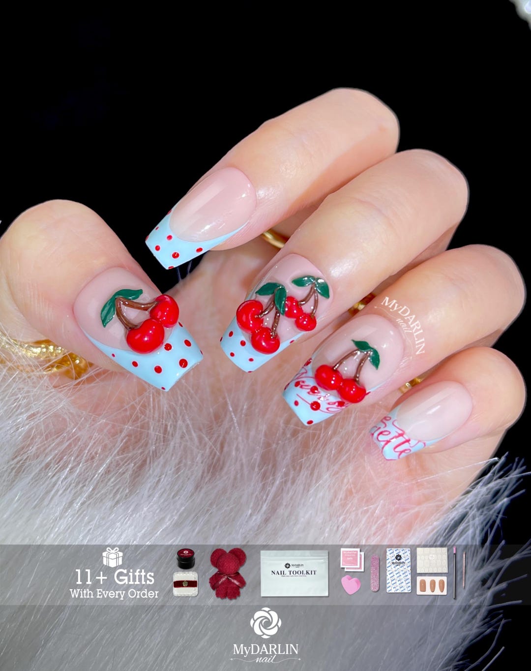 3D Cherry Press on Nails, Pastel Blue French Tips, Red Polka Dot Retro ...