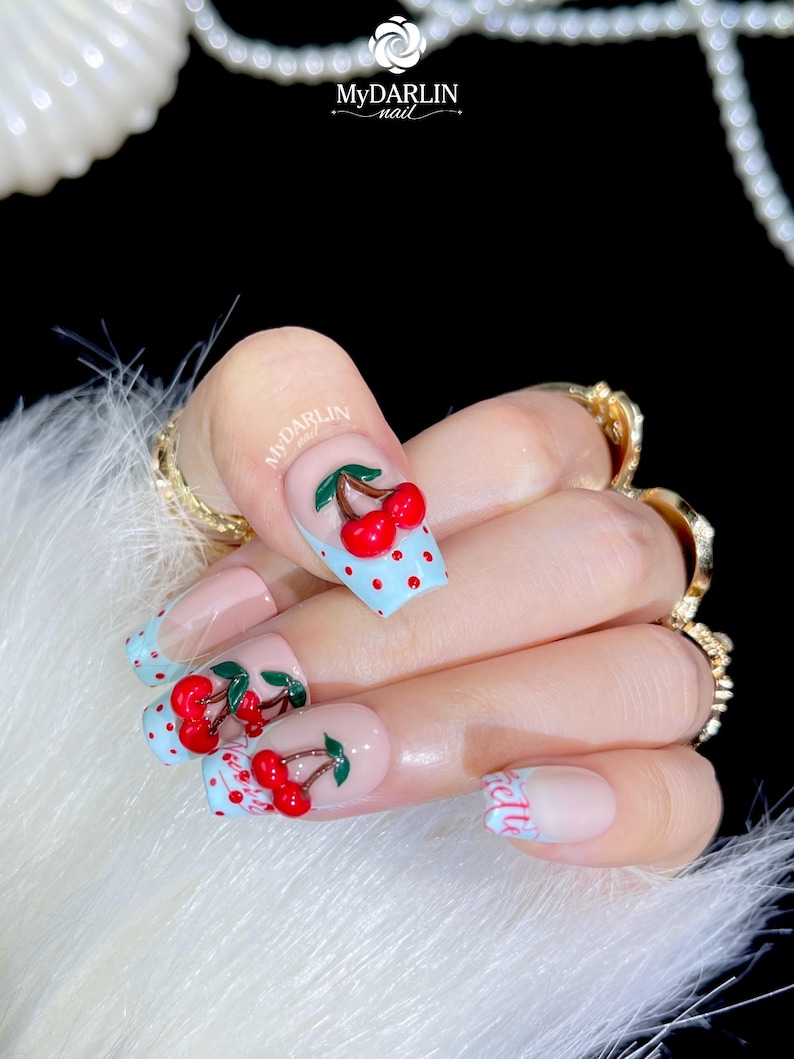 3D Cherry Press on Nails, Pastel Blue French Tips, Red Polka Dot Retro ...