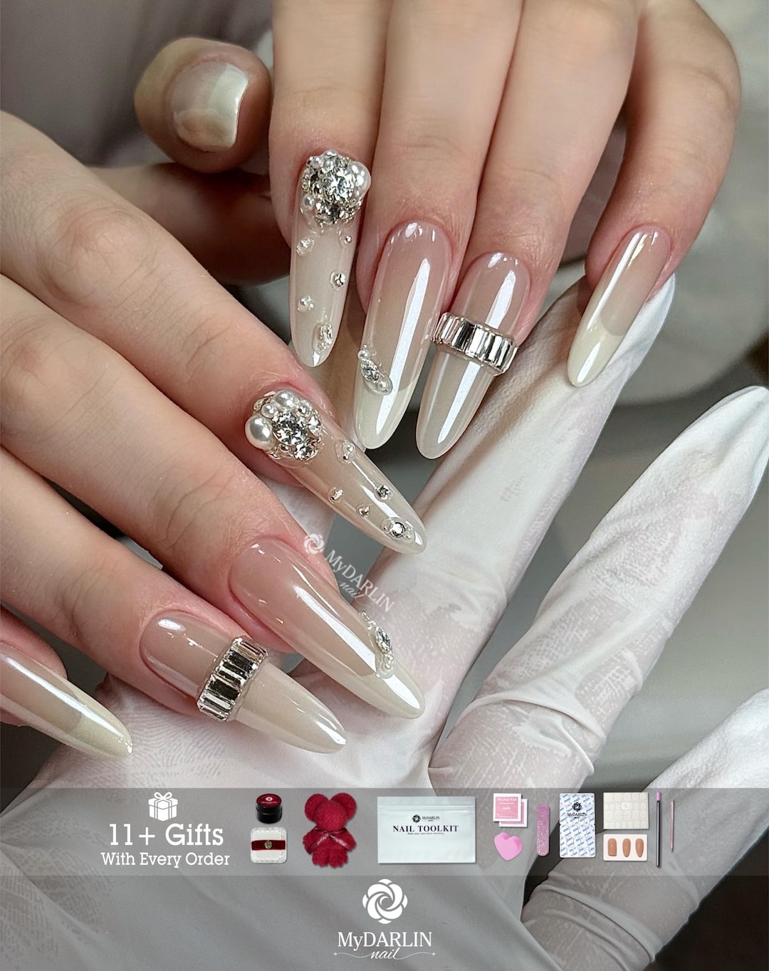 White Chrome Press Ons | Mirror French Tip Pearl Nails | Bridal Wedding ...
