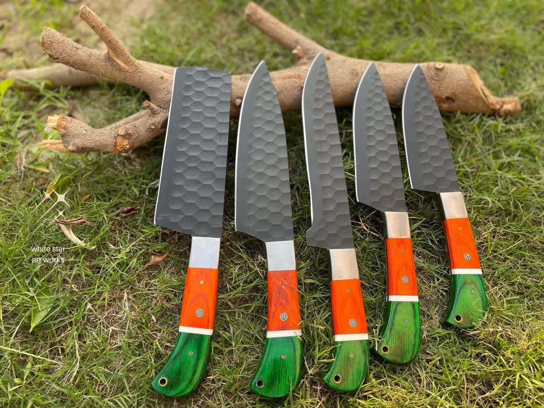 Handmade Stainless Steel Black Powder Kitchen Knife Set: Orange and ...