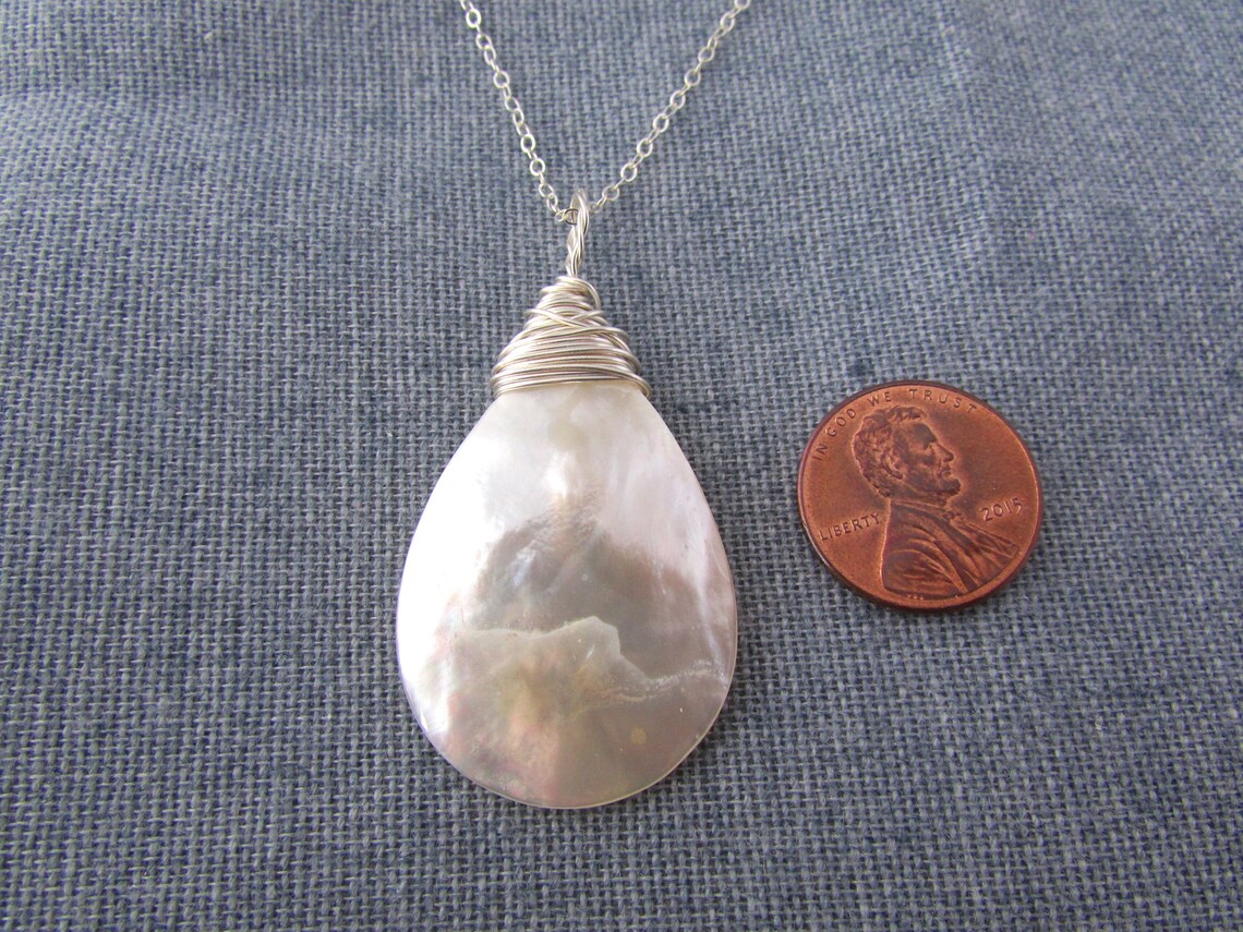 Shell Necklace big wire wrapped mother of pearl tear drop | Etsy
