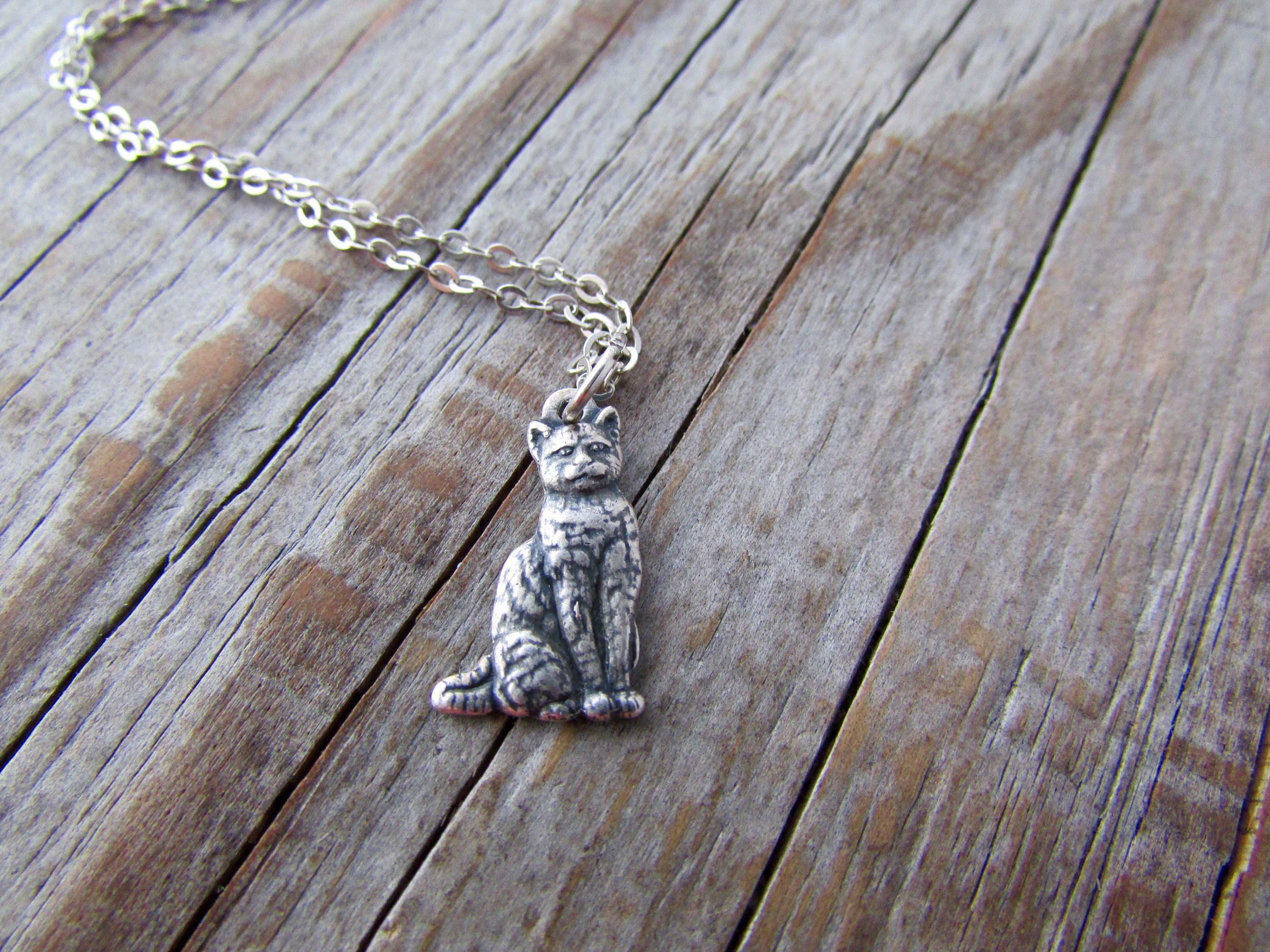 Cat Necklace silver cat pendant tabby cat small simple cat | Etsy