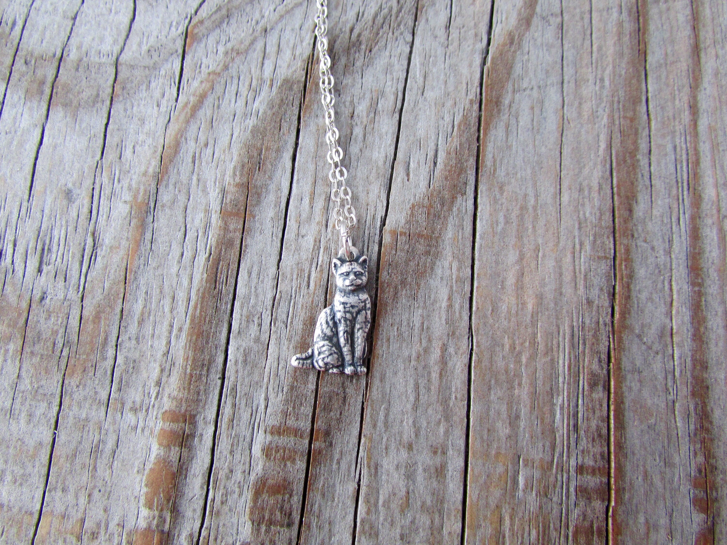 Cat Necklace silver cat pendant tabby cat small simple cat | Etsy