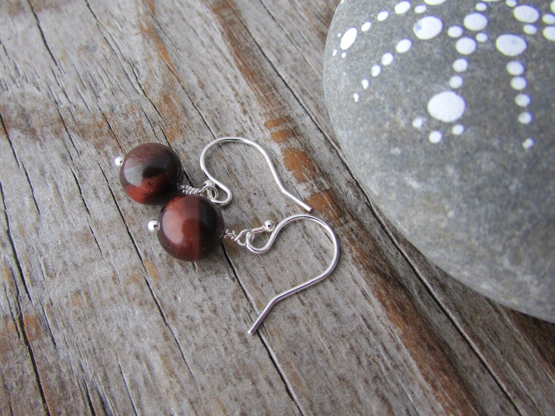 Red Tiger Eye Earrings small dangle earrings round tigers | Etsy