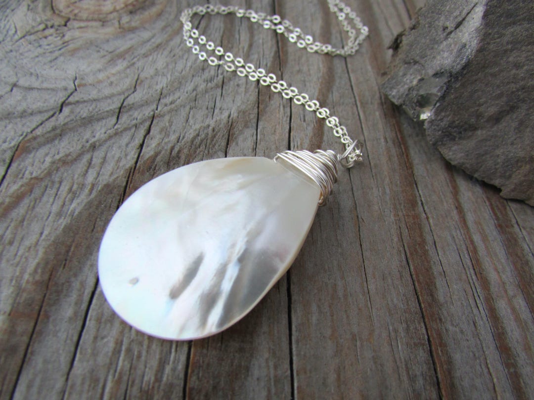 Shell Necklace, Big, Wire Wrapped, Mother of Pearl, Tear Drop Shell ...