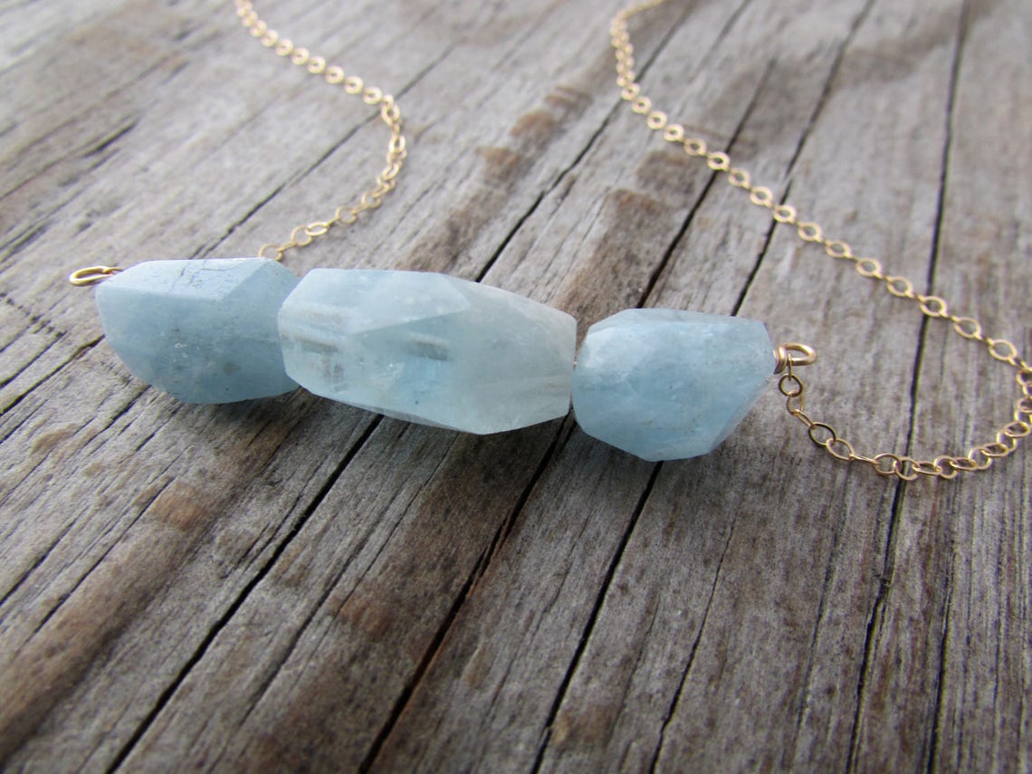 Aquamarine Necklace With Gold Chain Gemstone Nuggets Step - Etsy