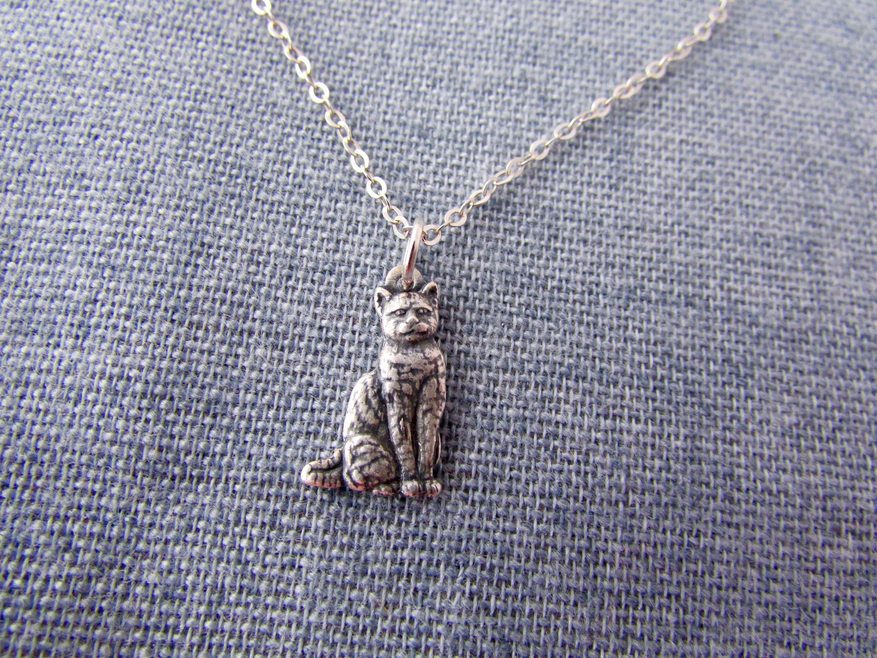 Cat Necklace silver cat pendant tabby cat small simple cat | Etsy