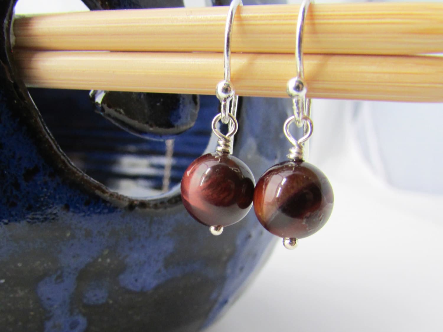 Red Tiger Eye Earrings small dangle earrings round tigers | Etsy
