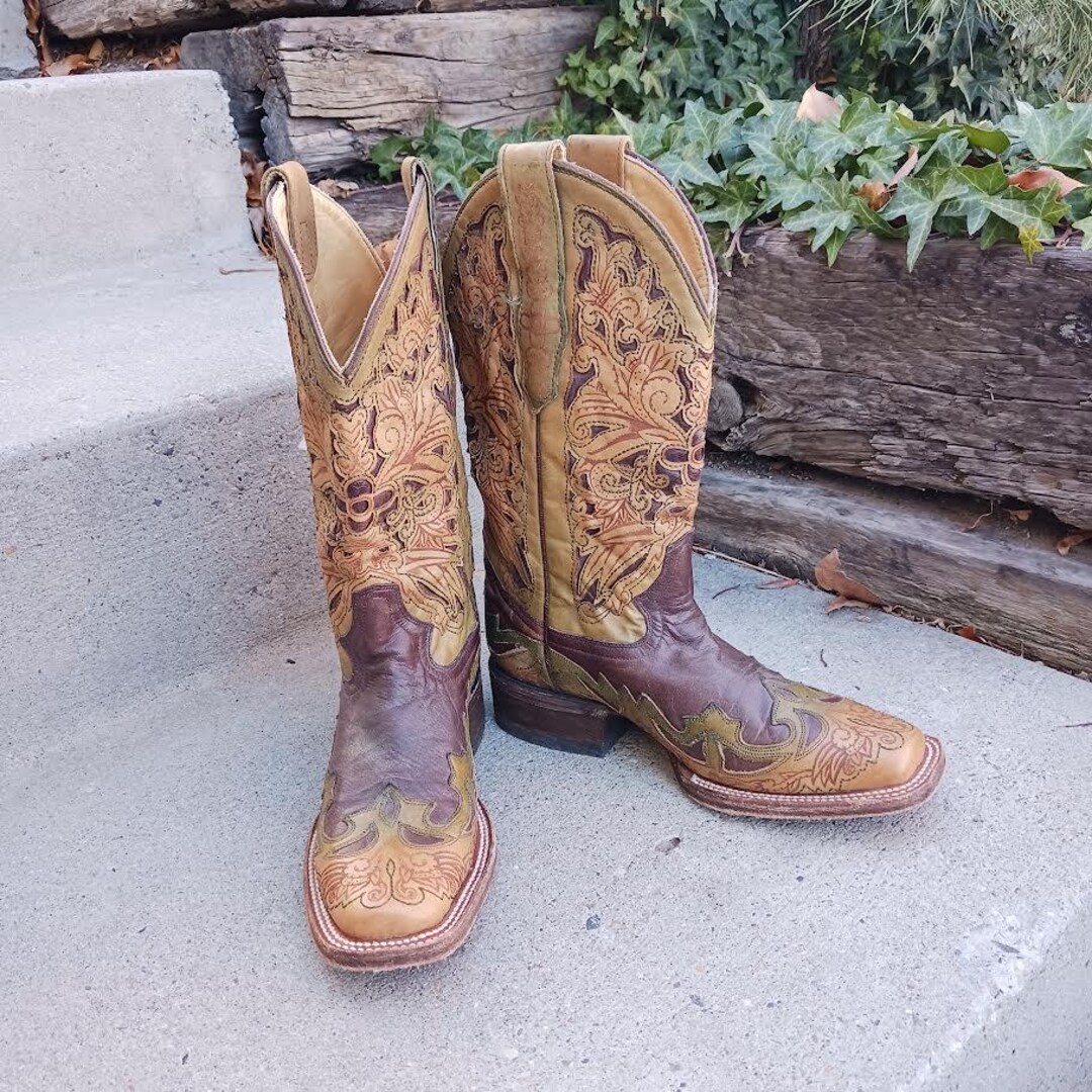 Vintage Brown Leather Inlay Corral Cowboy Boots Women's Size 7 - Etsy