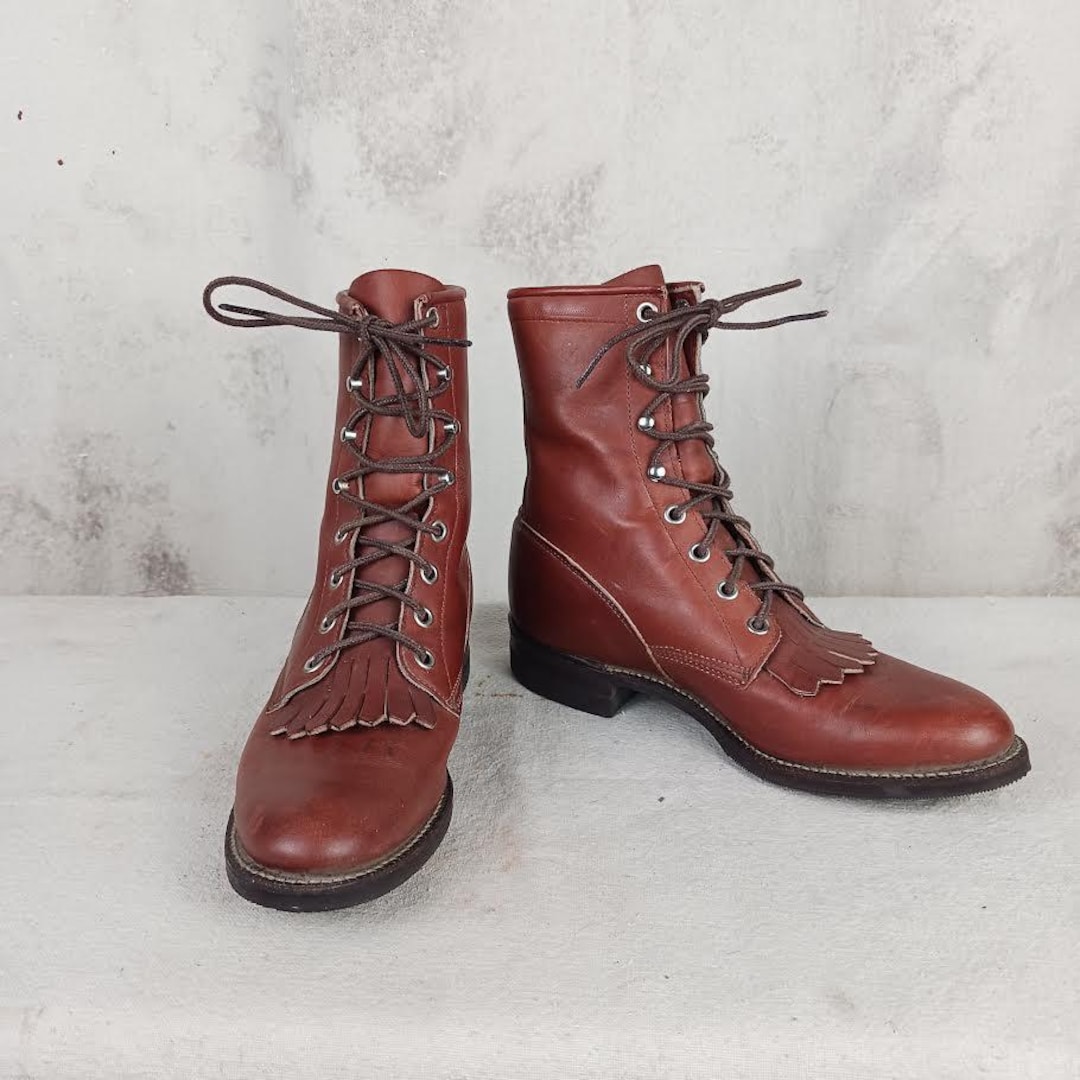 Vintage Justin Brown Leather Packer Boots With Kilties - Women's 5 1/2 ...
