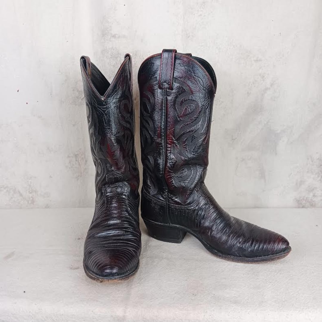 Vintage Dan Post Dark Cherry Red Lizard Cowboy Boots USA Made Men's ...