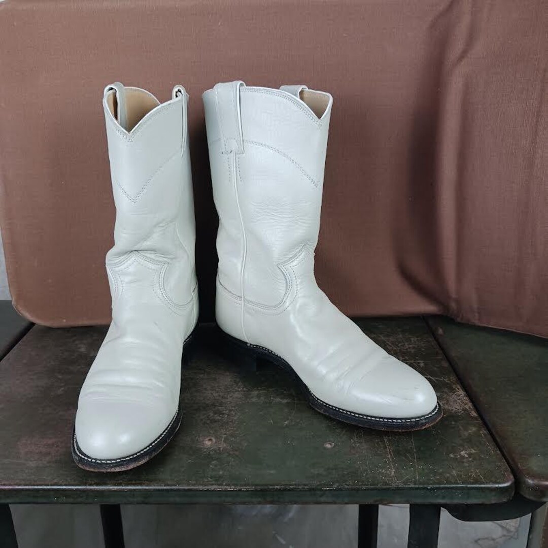Vintage White Full Leather Justin Roper Cowboy Work Play Boots Made in ...