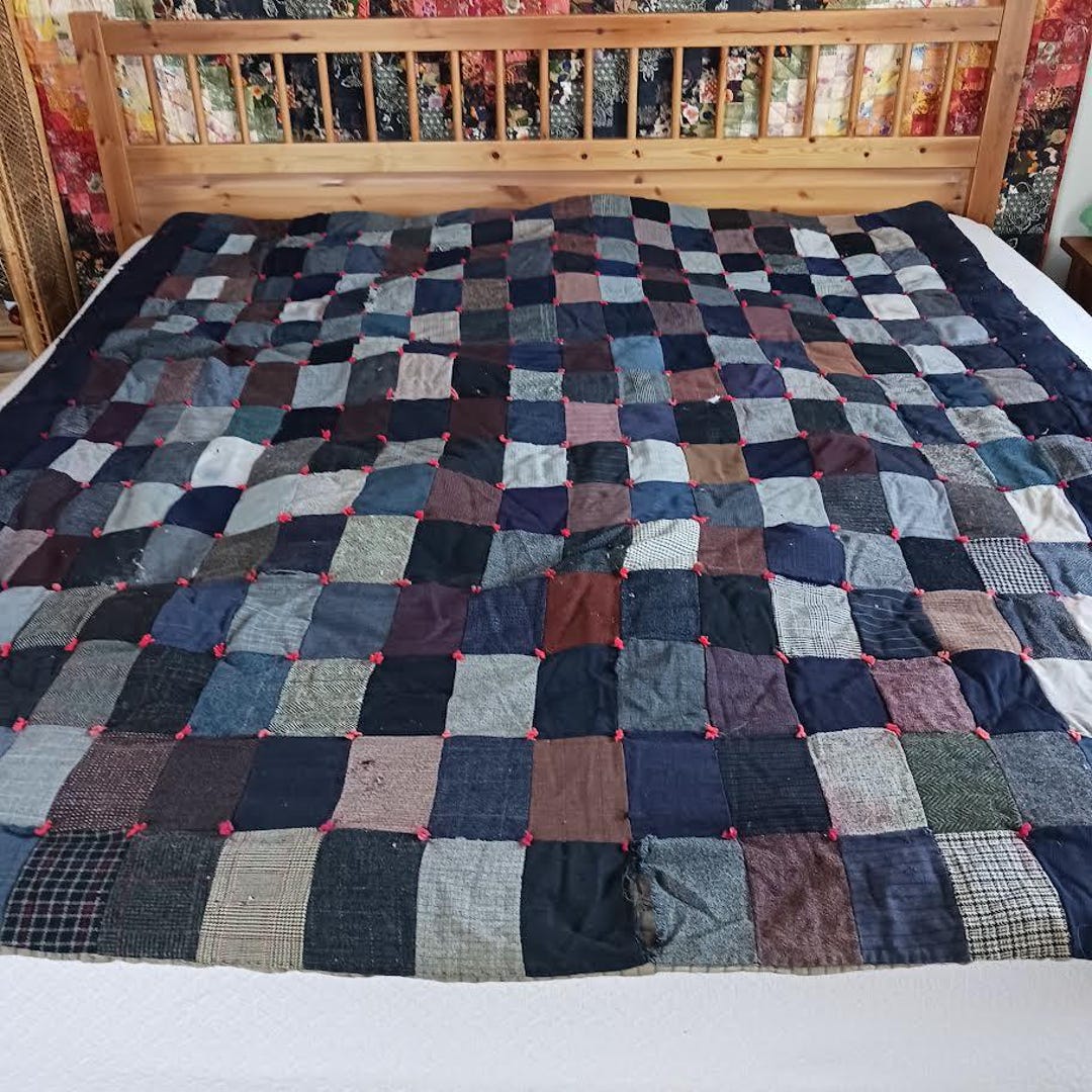 Antique Primitive Handsewn Wool Patchwork Quilt Rustic Farmhouse Heavy ...