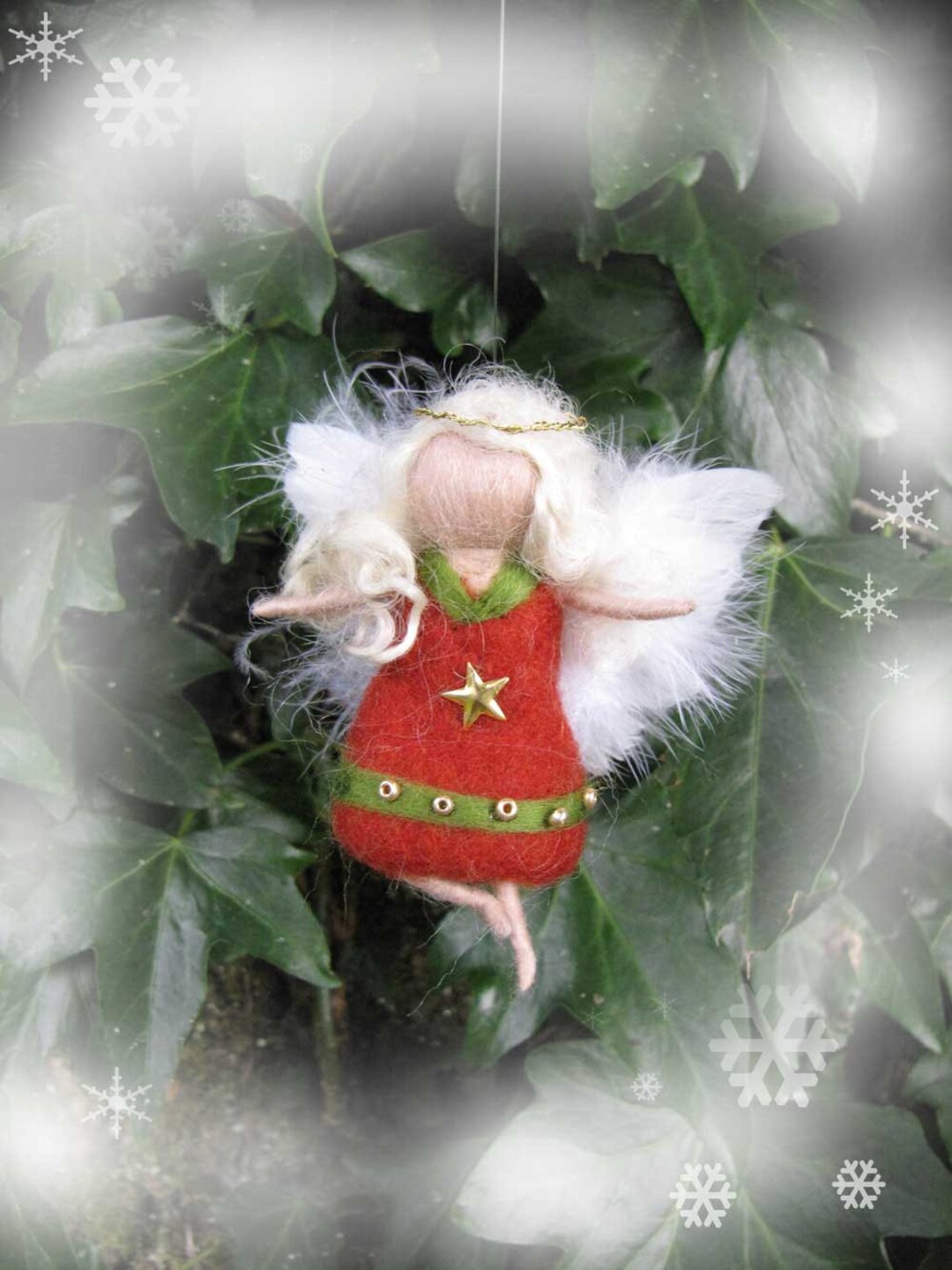 Needle Felted Wool Angel in White, Red, Green and Gold , Waldorf ...
