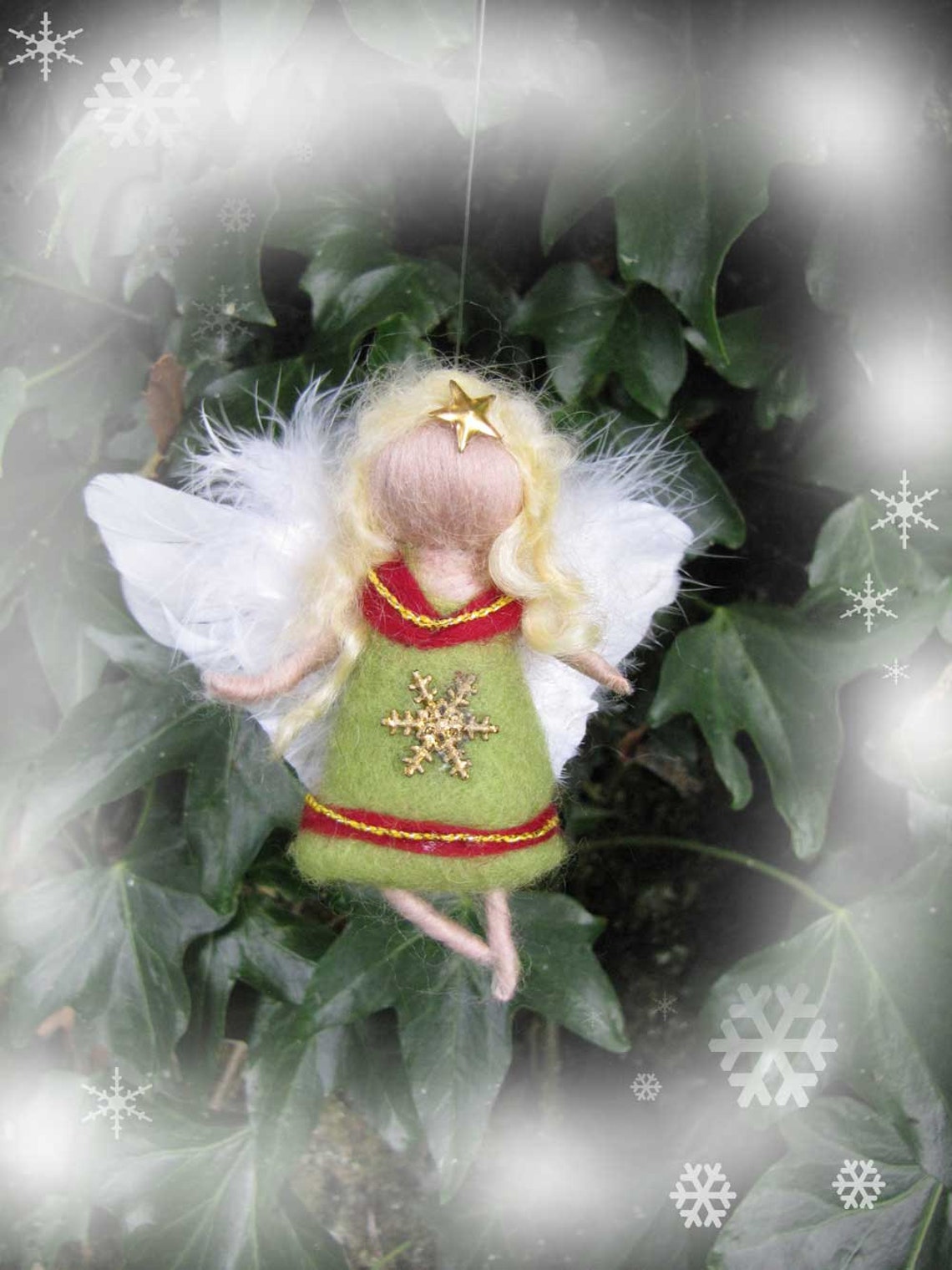 Needle Felted Wool Angel in White Red Green and Gold | Etsy