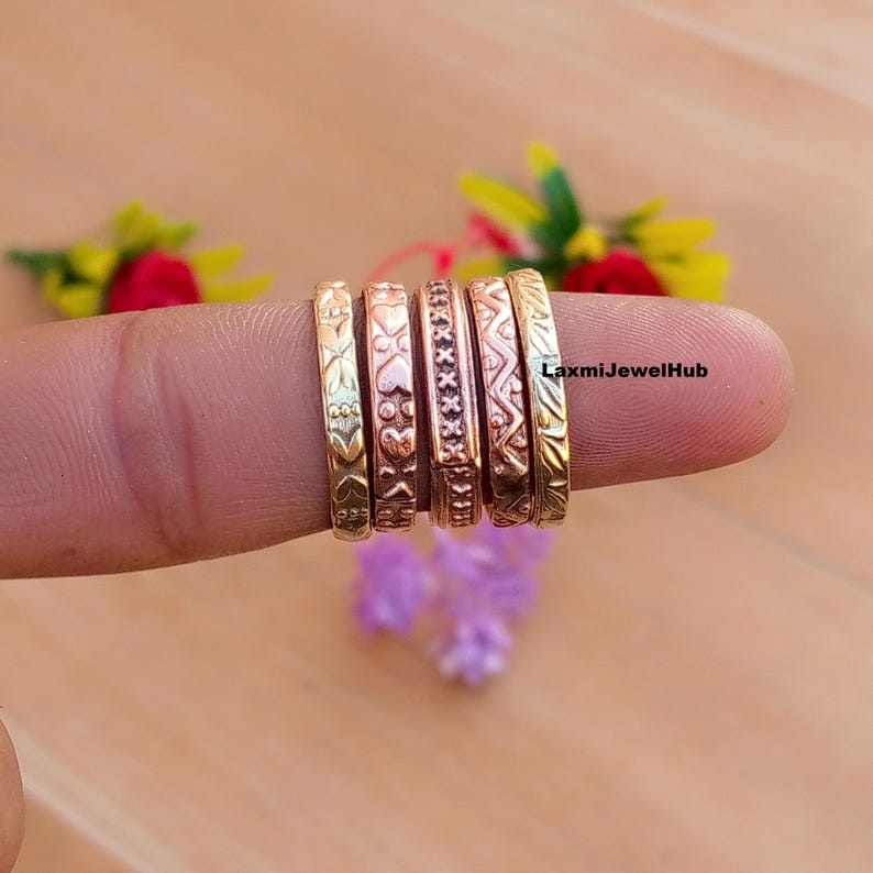 100% Pure Copper and Brass Ring, Set of 5 Stacking Band Ring, Solid Brass Ring, Meditation Ring ...