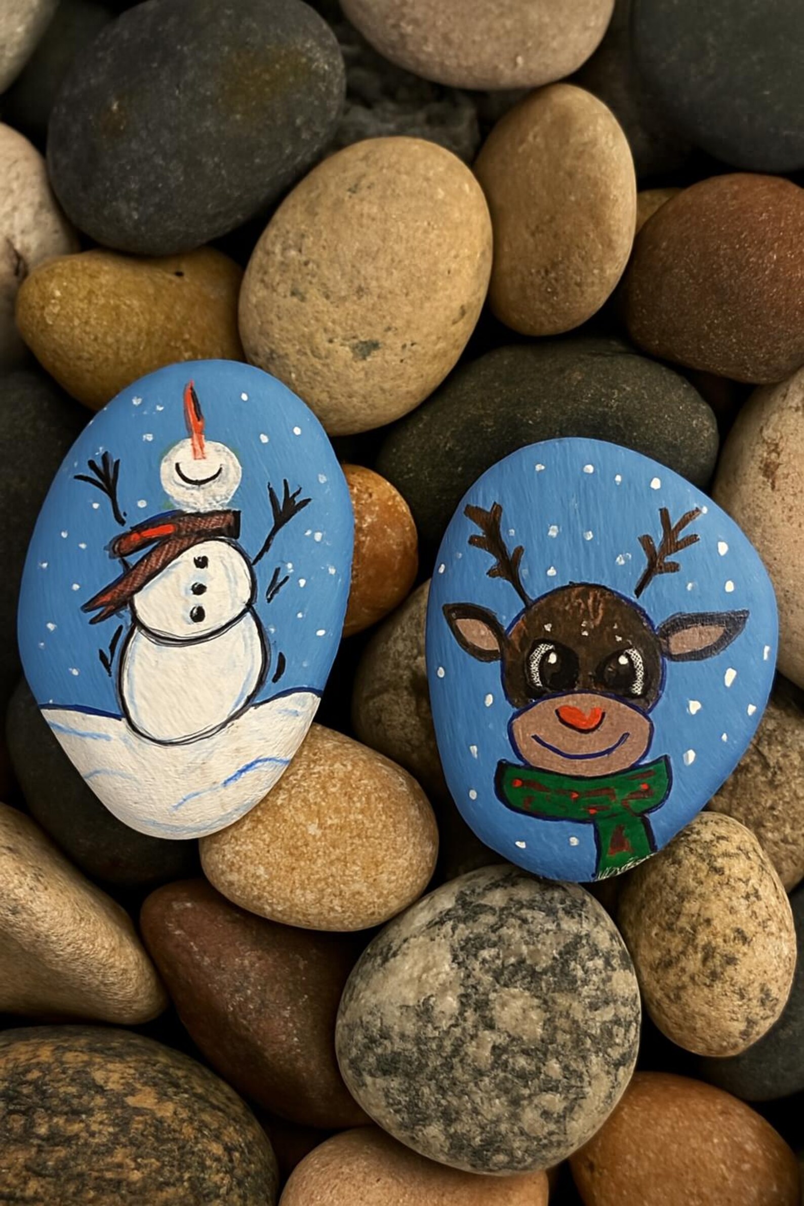 Hand-painted Christmas Stones – Snowman & Reindeer – Festive Holiday ...