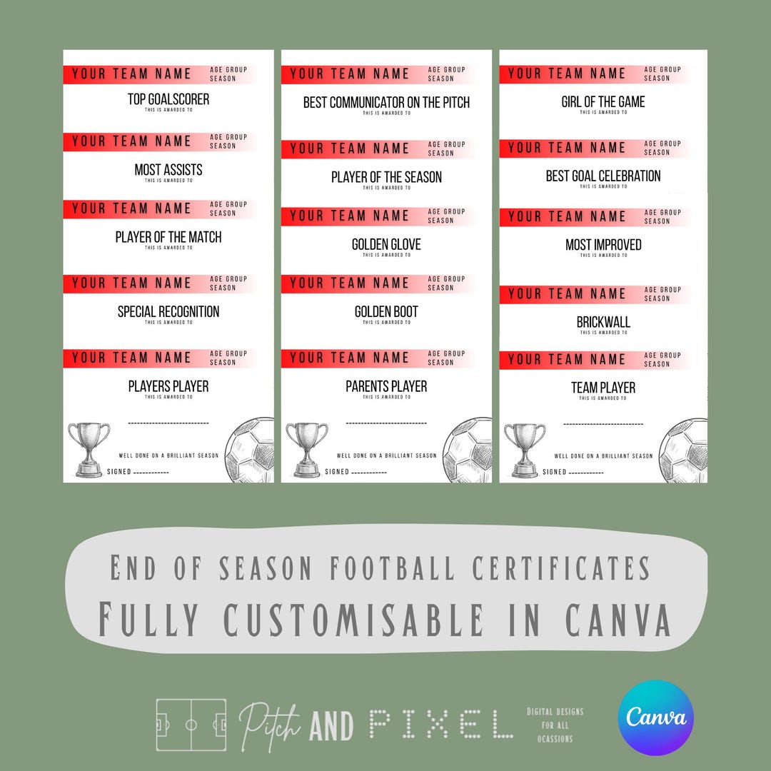 Editable Football Award Certificates | Canva Template (digital Download ...