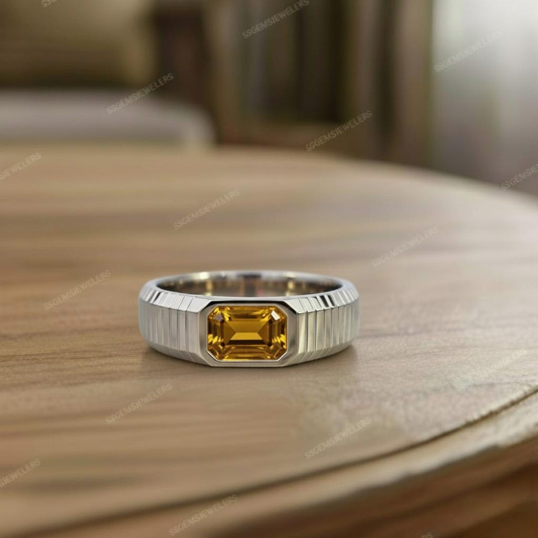 Octagon Citrine Ring for Him • 925 Sterling Silver Bold Statement - Etsy