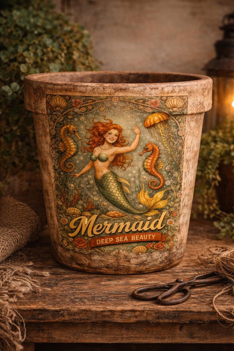 Vintage Mermaid Decoupaged Clay Planter | Coastal Cottage Flower Pot ...