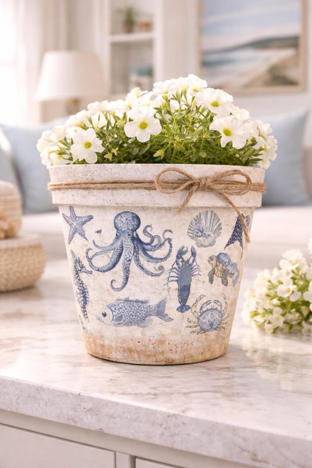 Nautical Blue & White Decoupaged Clay Pot | 4 Inch Terracotta Planter ...