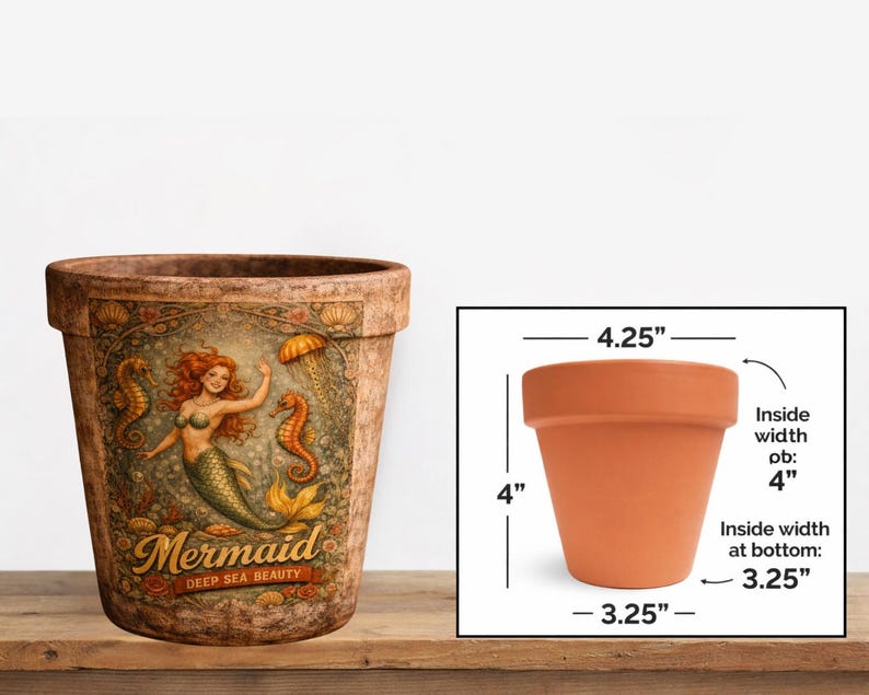 Vintage Mermaid Decoupaged Clay Planter | Coastal Cottage Flower Pot ...