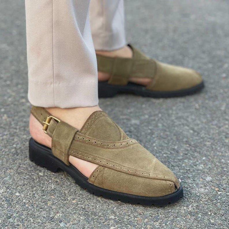 Handmade Men's Suede Peshawari Sandals | Khaki Leather Pakistani Shoes ...