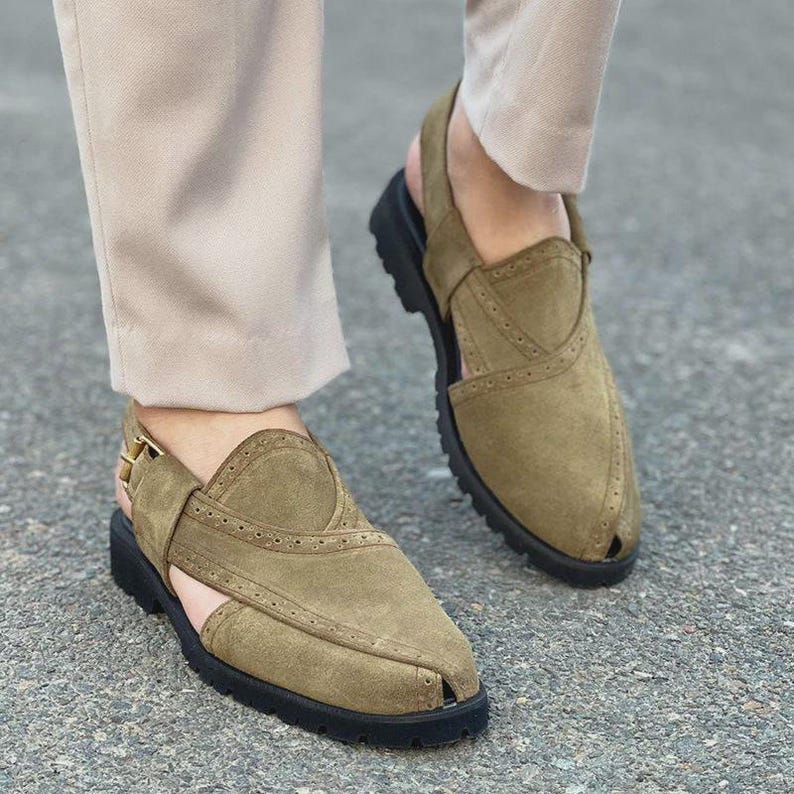 Handmade Men's Suede Peshawari Sandals | Khaki Leather Pakistani Shoes ...