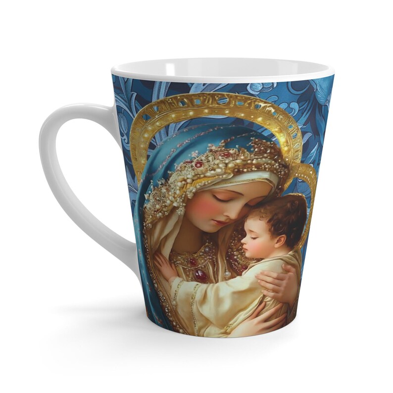 Mary & Jesus Blue Floral Latte Mug | Religious Christian Coffee Cup ...