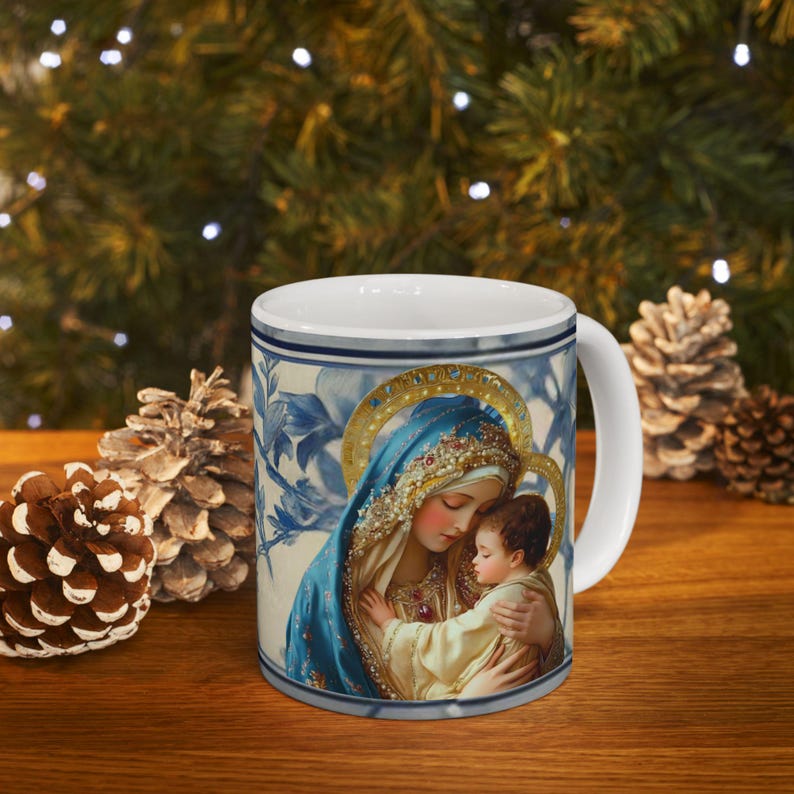 Madonna Coffee Mug: Toile Marian Art, Catholic Gift - Etsy