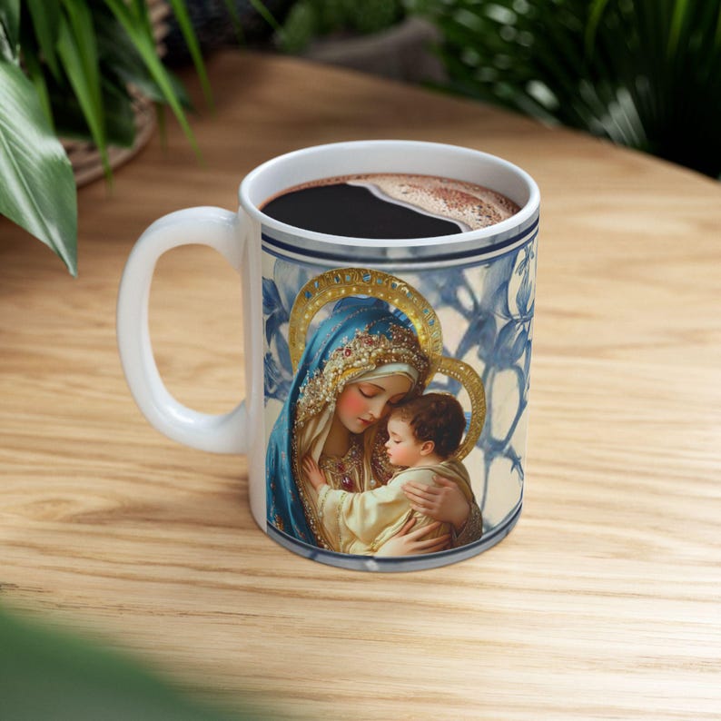 Madonna Coffee Mug: Toile Marian Art, Catholic Gift - Etsy