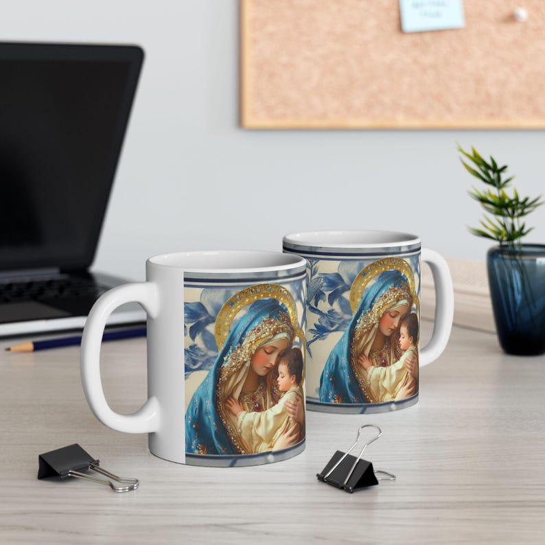 Madonna Coffee Mug: Toile Marian Art, Catholic Gift - Etsy