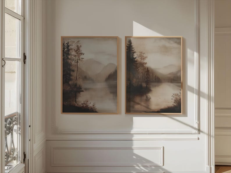 Moody Fall Lake & Mountain Wall Art Set | Vintage Landscape Prints ...