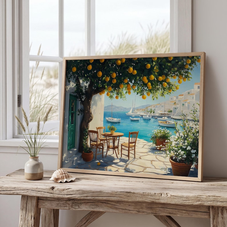 Sunlit Greek Terrace Printable Art | Mediterranean Coastal Scene ...