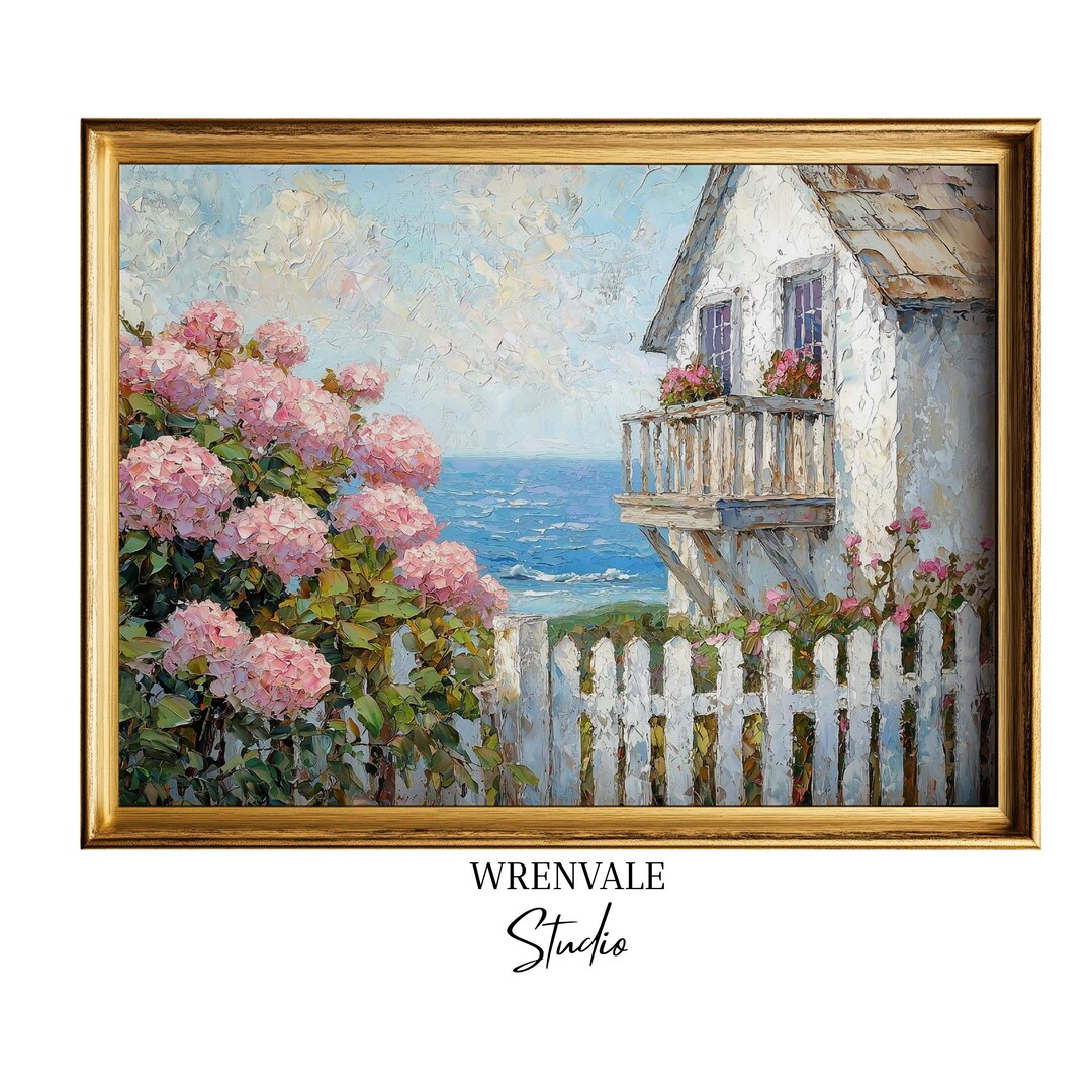 Cottagecore Seaside Decor - Vintage Coastal Art With Pink Hydrangeas ...