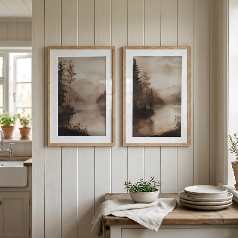 Moody Fall Lake & Mountain Wall Art Set | Vintage Landscape Prints ...