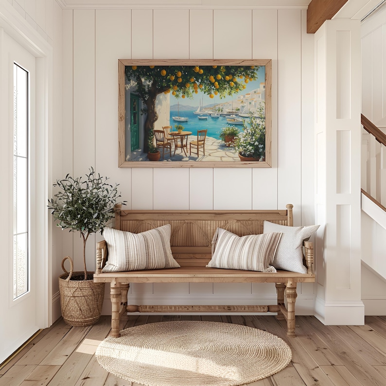 Sunlit Greek Terrace Printable Art | Mediterranean Coastal Scene ...