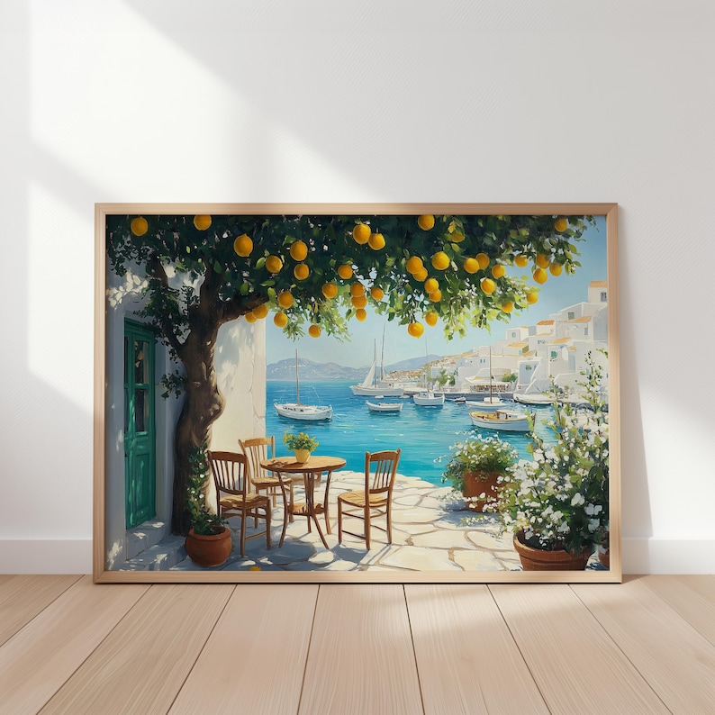 Sunlit Greek Terrace Printable Art | Mediterranean Coastal Scene ...