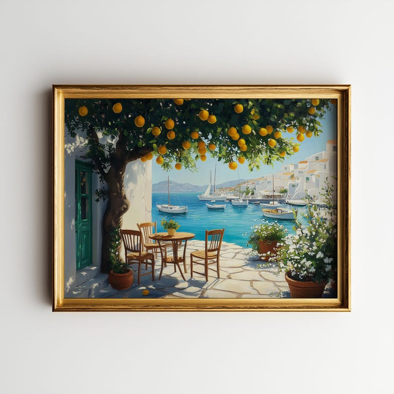 Sunlit Greek Terrace Printable Art | Mediterranean Coastal Scene ...