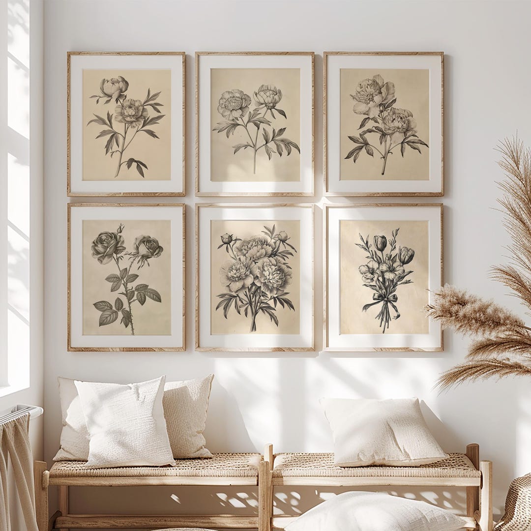 Vintage Botanical Prints Gallery Wall Set | 6 Piece Sketch Flower Art ...