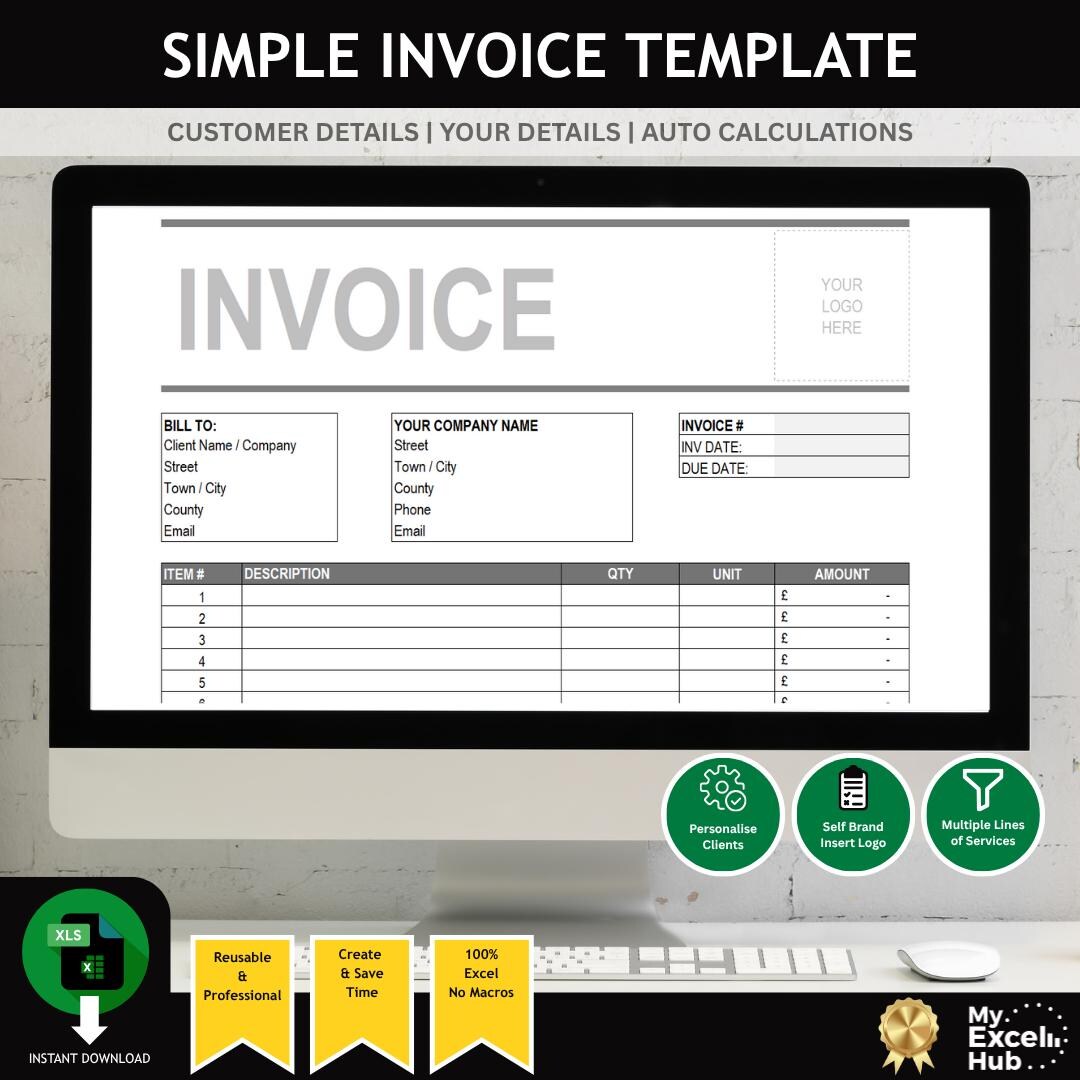 Professional Excel Invoice Template | Simple Business Billing Sheet for ...