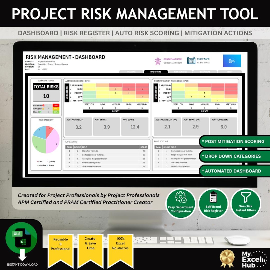 Risk Management Excel Template | Automated Dashboard (instant Download ...
