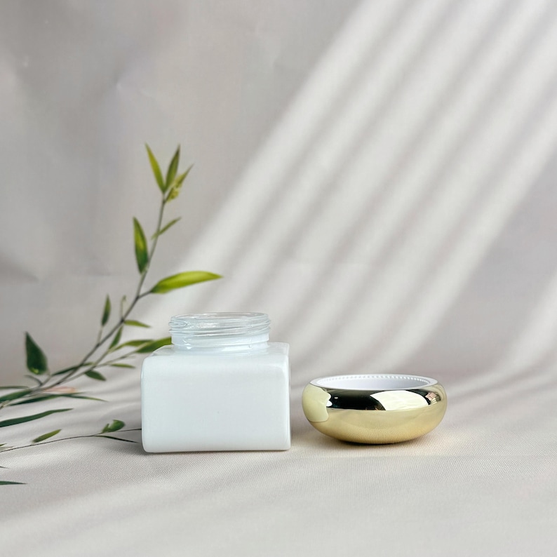 50g White Square Glass Cream Jar With Gold Dome Lid, Luxury Empty ...