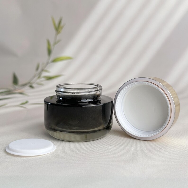 50g Glossy Black Glass Cream Jar With Gold Lid, Refillable Cosmetic Pot ...