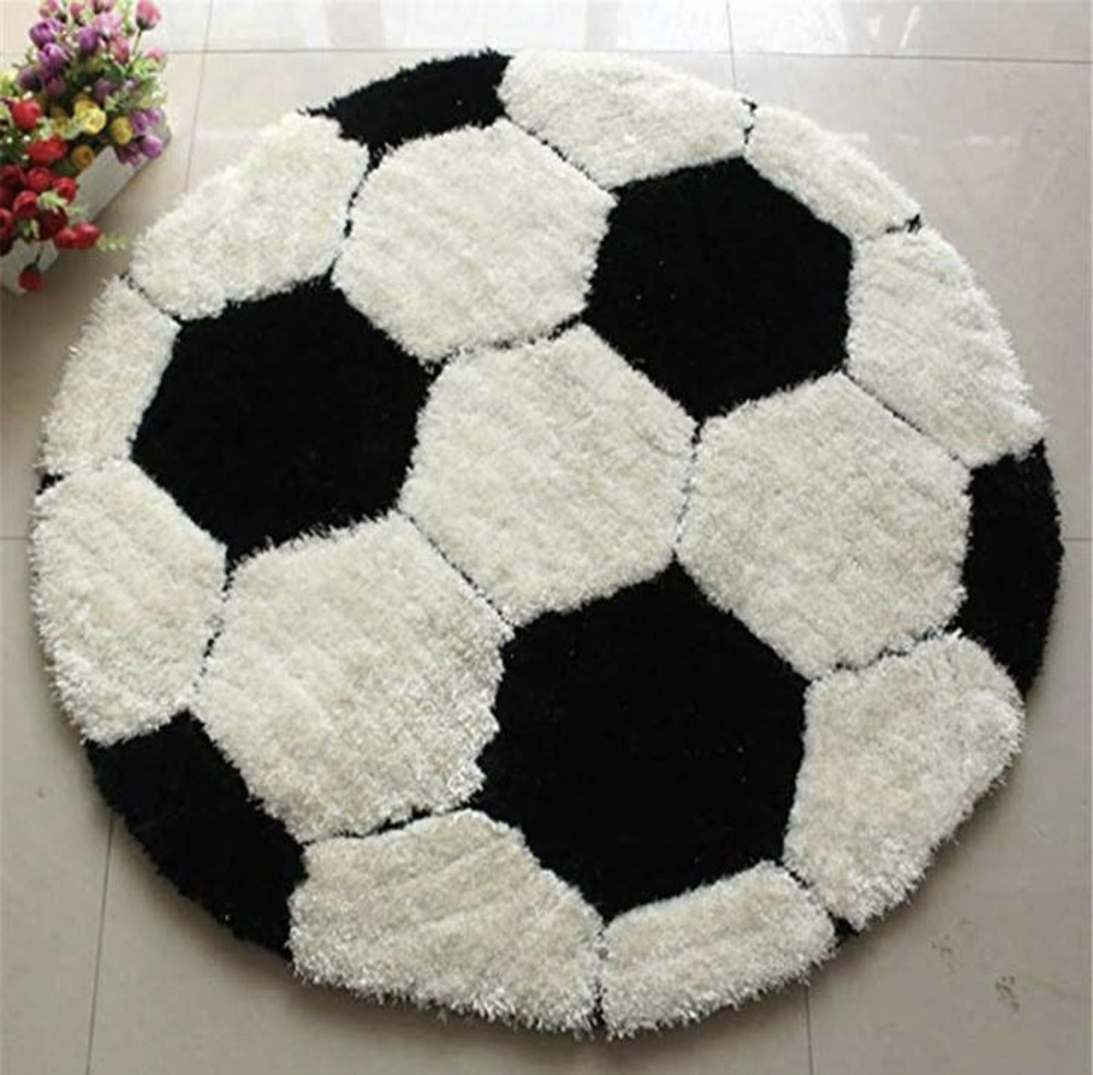 Round Soccer Ball Rug Black and White Football Carpet Sports Theme Kids ...