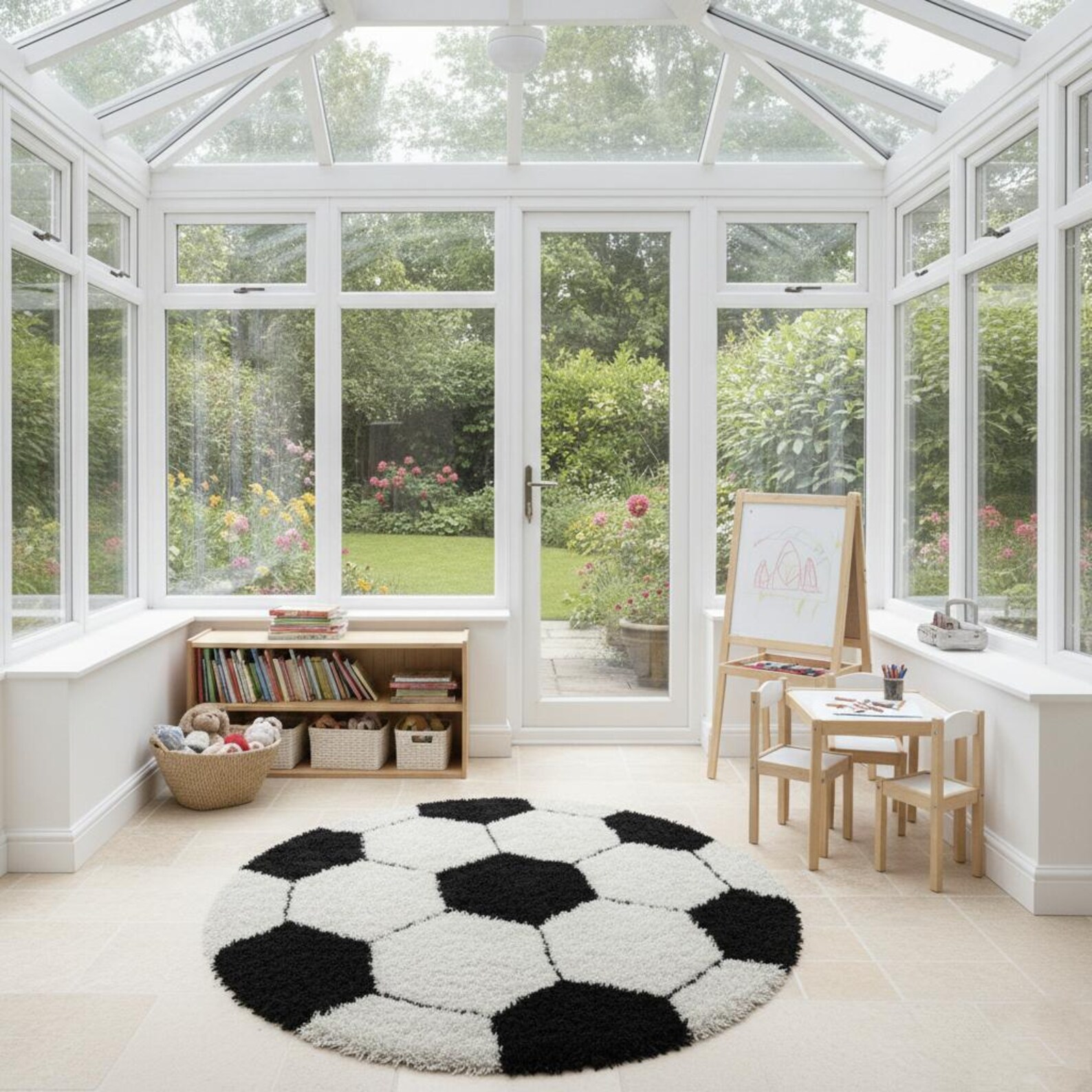 Round Soccer Ball Rug Black and White Football Carpet Sports Theme Kids ...