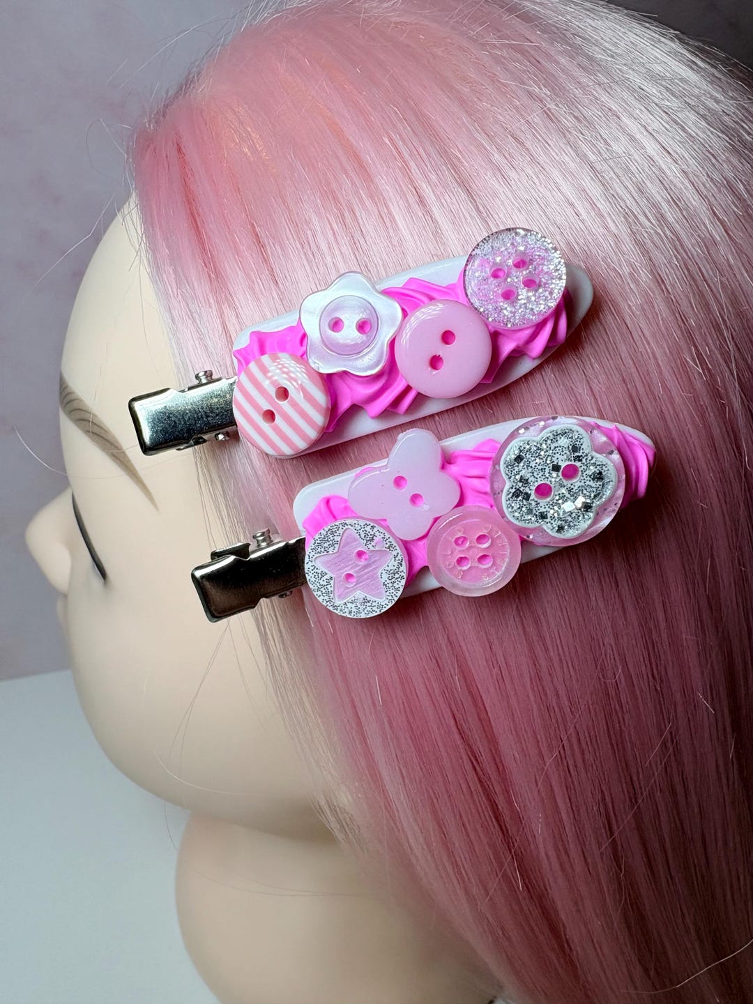 Hot Pink Decoden Button Hair Clips - Glitter, Striped, Butterfly Pins ...