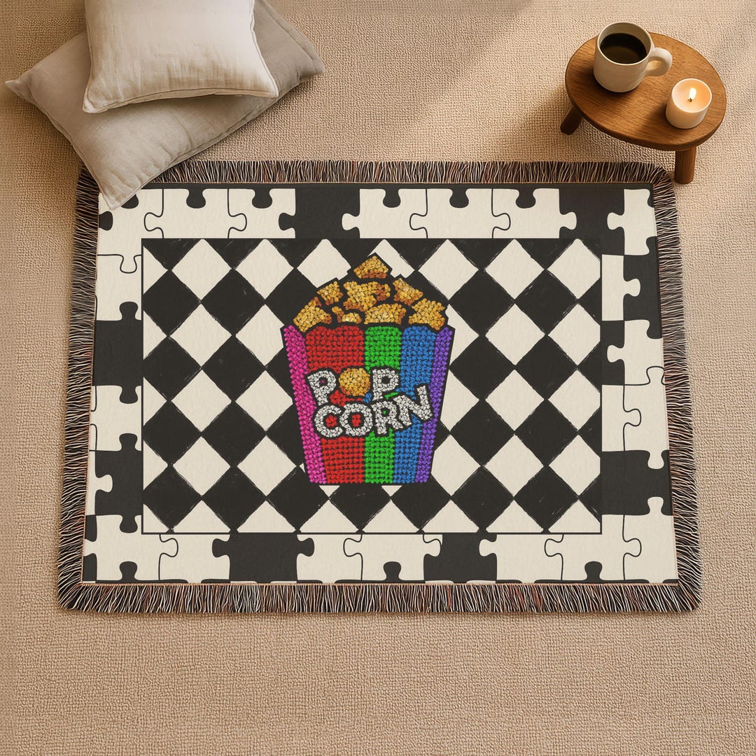 Popcorn Puzzle Checker Woven Blanket Retro Movie Night Throw Black and ...
