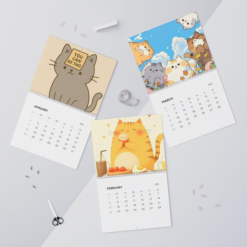 Cute Cat Wall Calendar 2026 | Kawaii Illustrated Cats | Gift for Cat ...