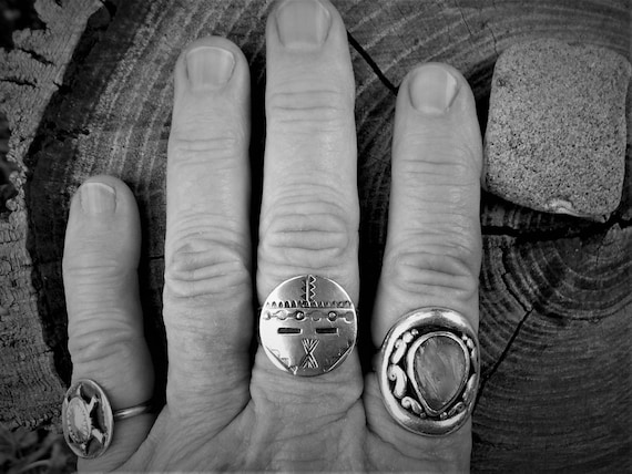 Size 8.5+ Beautiful Zia Sun Face Hand Stamped Sterlin… - Gem